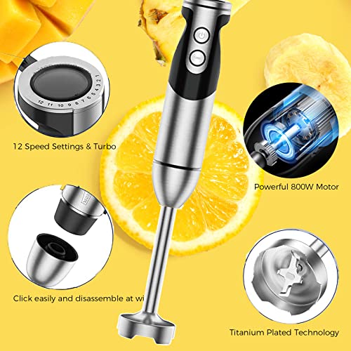 Stainless Steel Titanium Reinforced 3-in-1 Immersion Hand Blender, Powerful with 80% Sharper Blades, 12-Speed Corded Blender, Including Whisk and Milk Frother (3-in 1 Black)