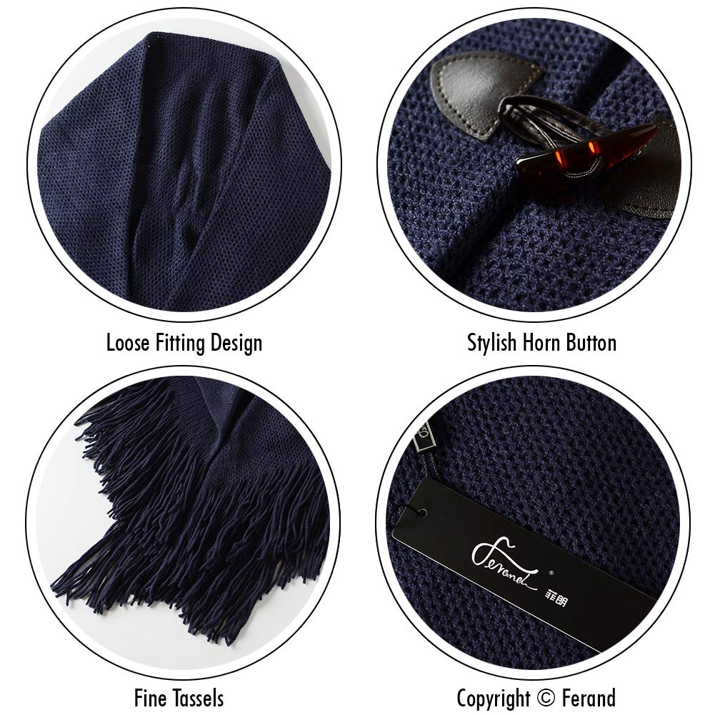 Ferand Women’s Loose Fitting Poncho Cape Shawl with Stylish Horn Buttons, V Neckline and V Hem, Navy blue