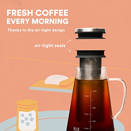 Airtight Cold Brew Iced Coffee Maker (& Iced Tea Maker) with Spout β 1.5L/ 51oz Ovalware RJ3 Brewing Glass Carafe with Removable Stainless Steel Filter