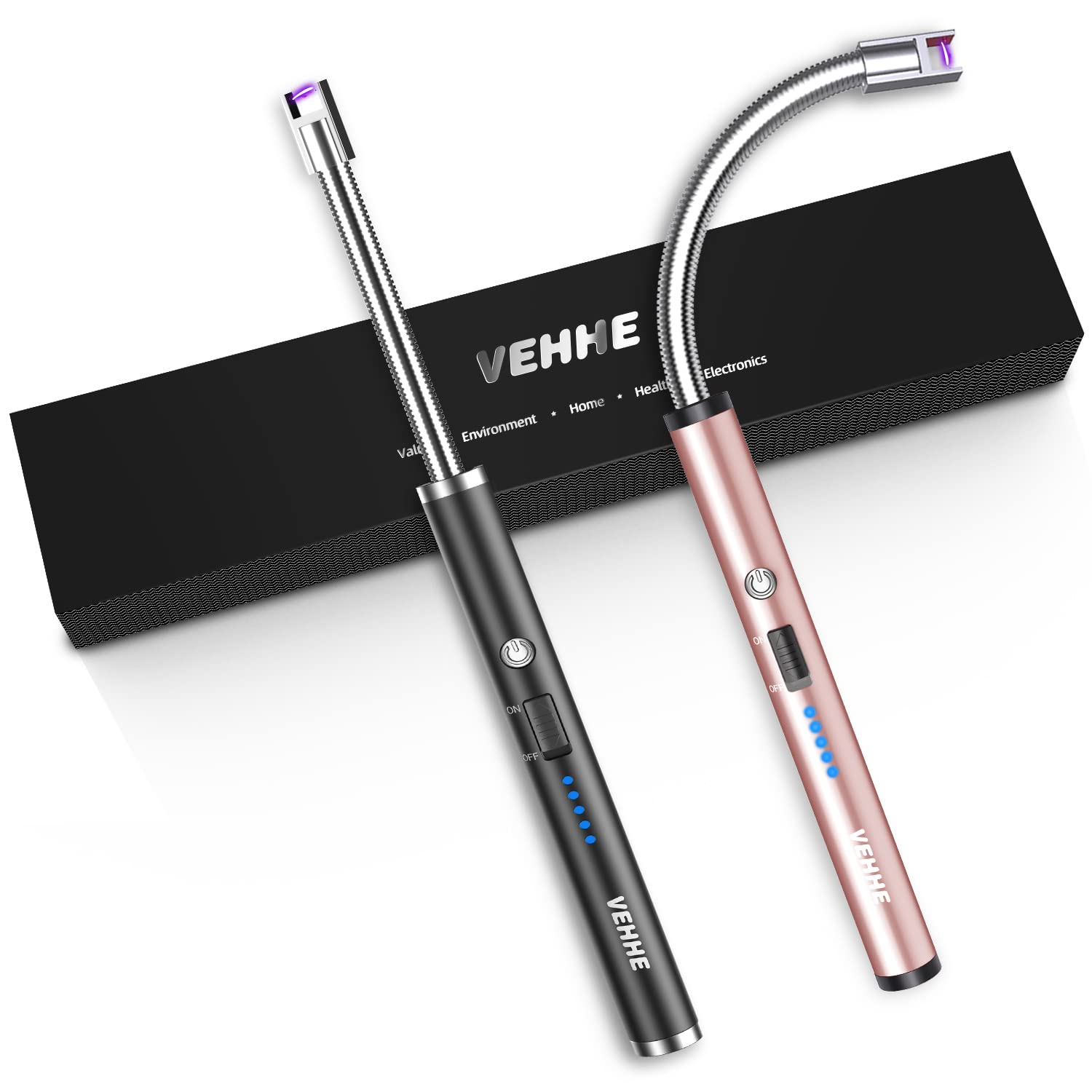 VEHHE Candle Lighter, 2 Pack Rechargeable Electric Lighter with LED Battery Display Safety Switch, Flexible Neck USB Lighter for Candles Camping Grill Gas Stoves Cooking (Black & Pink)