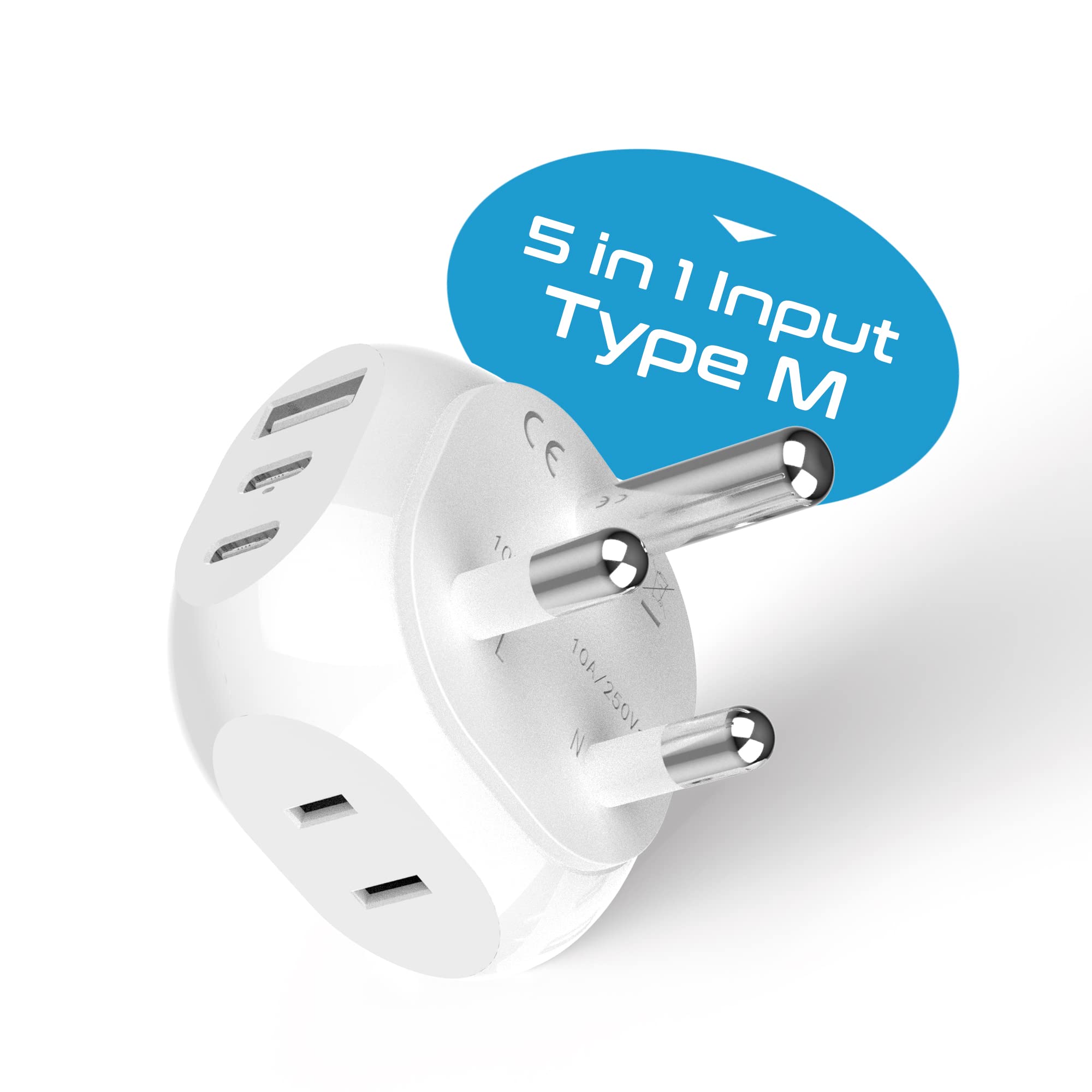 Ceptics South Africa Travel Adapter - 5 Input with QC 3.1A Dual USB and USB-C - Ultra Compact - Light Weight - USA to Any Type M Countries Such as Namibia, Botswana and More (PTU-10L), White
