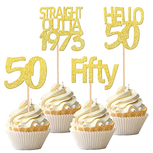 36PCS Happy 50th Birthday Cupcake Toppers Gold Glitter Fifty Hello 50 Straight Outta 1973 Cupcake Picks for Cheers to 50 Years Birthday Wedding Anniversary Party Cake Decorations Supplies