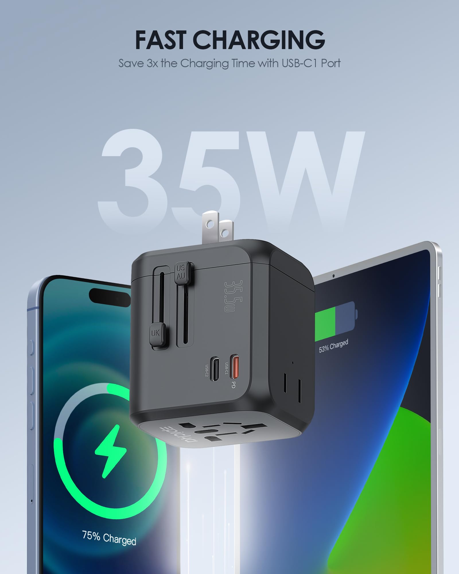 EPICKA Universal Travel Adapter, International Plug Adapter with Dual AC Outlet, 2 USB-C 35W PD Fast Charging & 3 USB-A, All in One Worldwide Wall Charger (TA-205, Black)