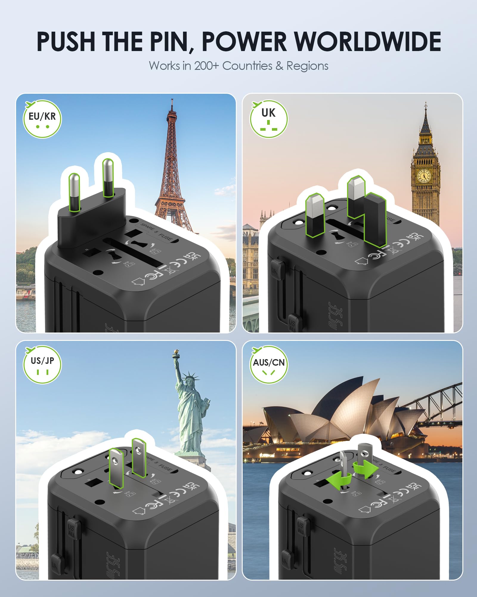 EPICKA Universal Travel Adapter, International Plug Adapter with Dual AC Outlet, 2 USB-C 35W PD Fast Charging & 3 USB-A, All in One Worldwide Wall Charger (TA-205, Black)