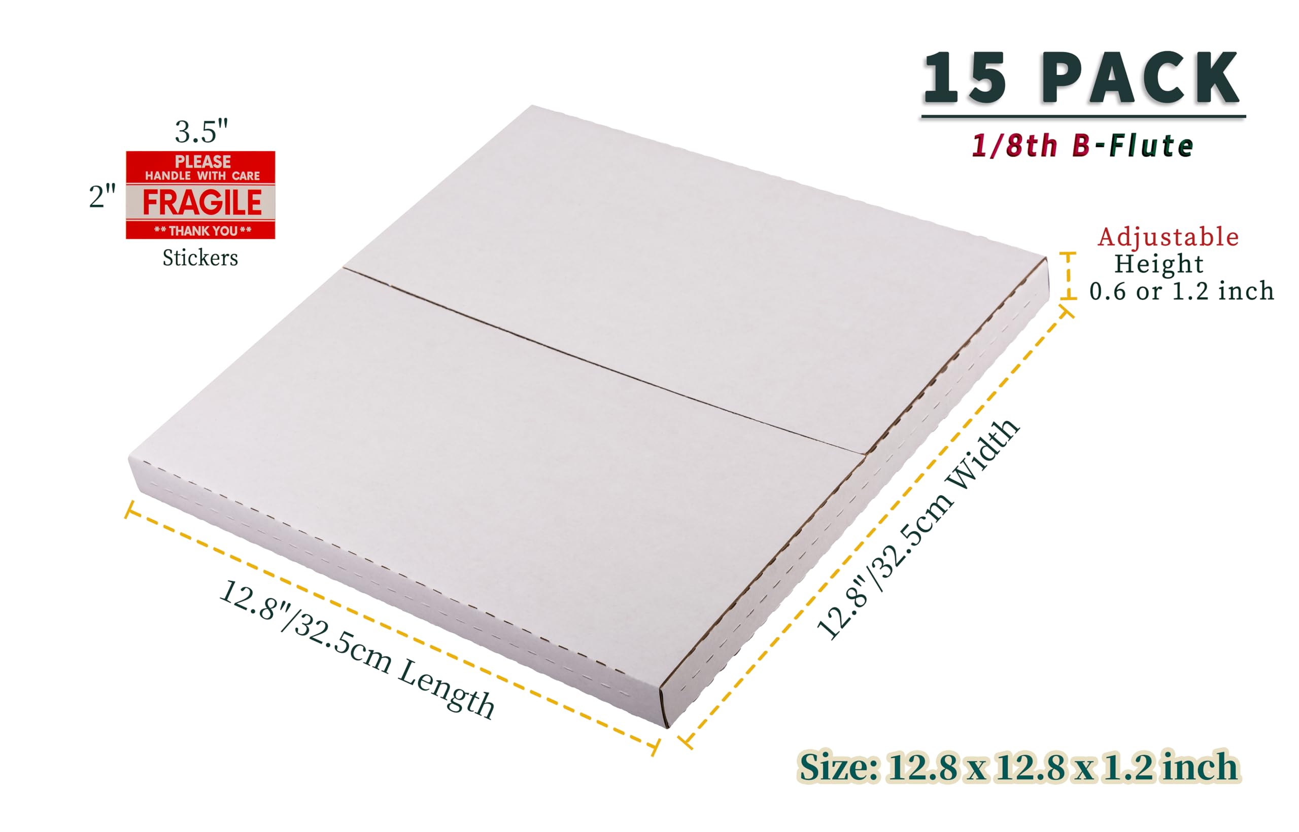 YUSHYIJIE LP Mailers 12.8"L x 12.8"W x 1"H Vinyl Record Mailing Box, White Album Shipping Boxes with Fragile Stickers, Corrugated Cardboard Box, 15 Pack
