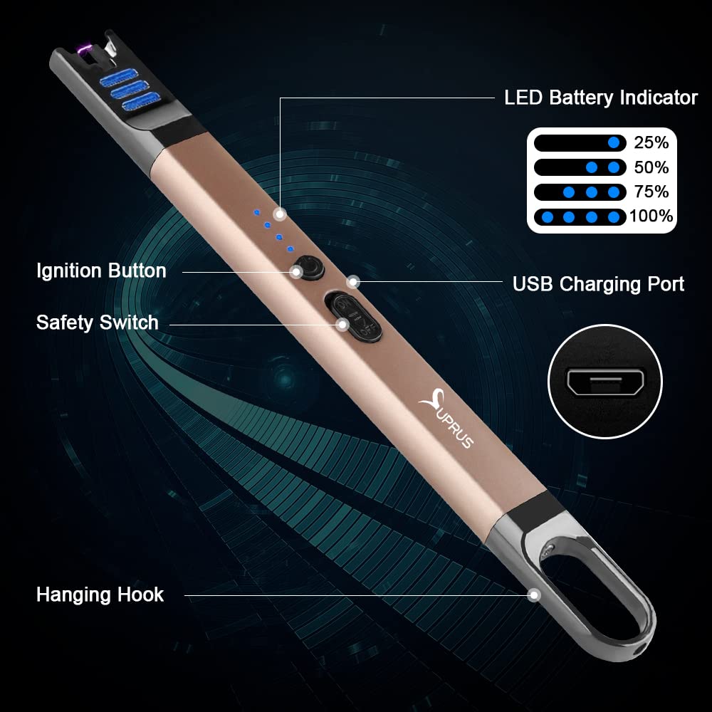SUPRUS Candle Lighter Electric Arc Lighter Windproof Flameless USB Rechargeable Lighter with LED Light for Candle Camping BBQ Cooking (Champagne Gold)