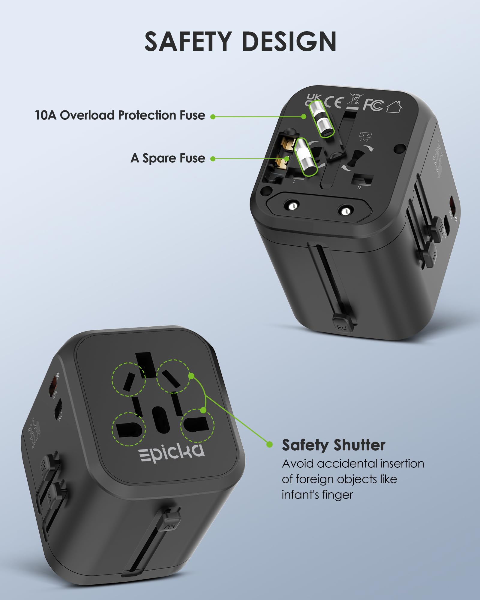EPICKA Universal Travel Adapter, International Plug Adapter with Dual AC Outlet, 2 USB-C 35W PD Fast Charging & 3 USB-A, All in One Worldwide Wall Charger (TA-205, Black)