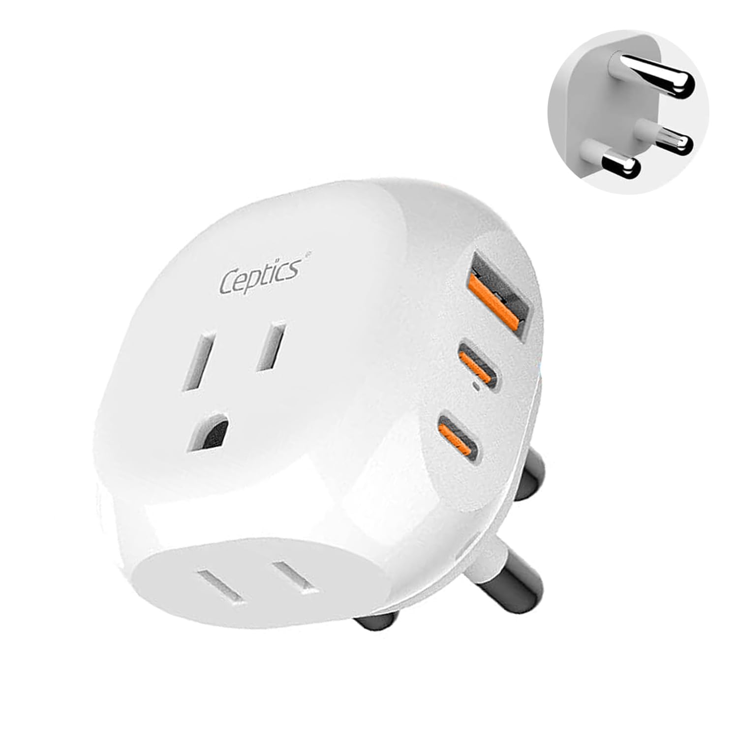 Ceptics South Africa Travel Adapter - 5 Input with QC 3.1A Dual USB and USB-C - Ultra Compact - Light Weight - USA to Any Type M Countries Such as Namibia, Botswana and More (PTU-10L), White