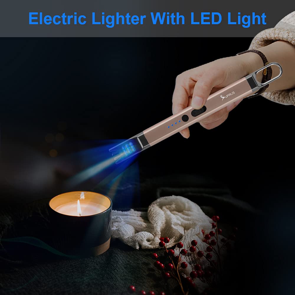SUPRUS Candle Lighter Electric Arc Lighter Windproof Flameless USB Rechargeable Lighter with LED Light for Candle Camping BBQ Cooking (Champagne Gold)