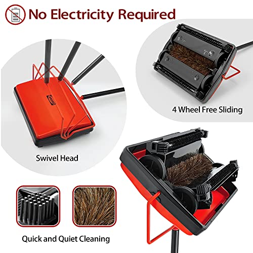 JEHONN Carpet Floor Sweeper Manual with Horsehair, Rotor Brush Heavy Duty for Pet Hair Clean