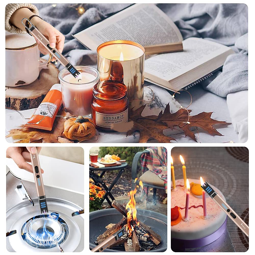 SUPRUS Candle Lighter Electric Arc Lighter Windproof Flameless USB Rechargeable Lighter with LED Light for Candle Camping BBQ Cooking (Champagne Gold)