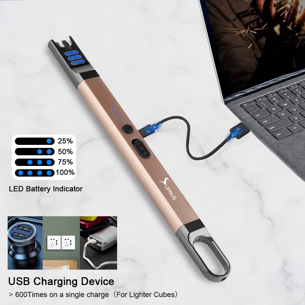 SUPRUS Candle Lighter Electric Arc Lighter Windproof Flameless USB Rechargeable Lighter with LED Light for Candle Camping BBQ Cooking (Champagne Gold)
