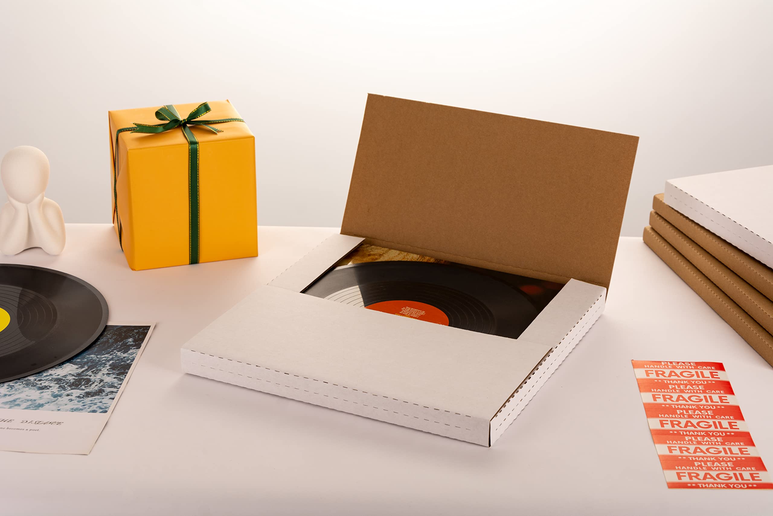 YUSHYIJIE LP Mailers 12.8"L x 12.8"W x 1"H Vinyl Record Mailing Box, White Album Shipping Boxes with Fragile Stickers, Corrugated Cardboard Box, 15 Pack