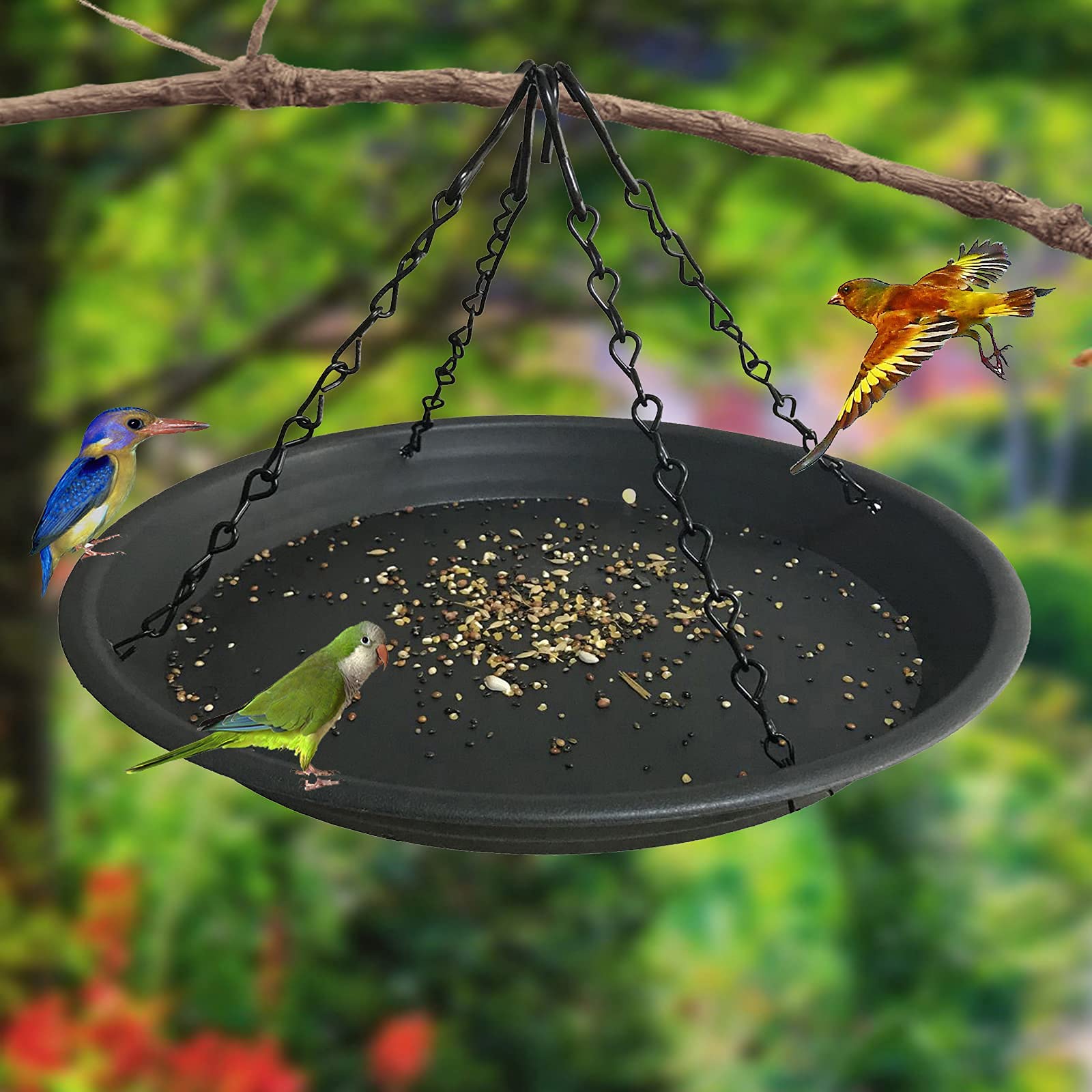 12.8" Homes Garden Platform Bird Feeder, Large Hanging Tray Squirrel Feeder, Bird Seed Catcher Tray, Bird Viewing, for Attracting Birds Outdoors, Backyard, Large Capacity, Black