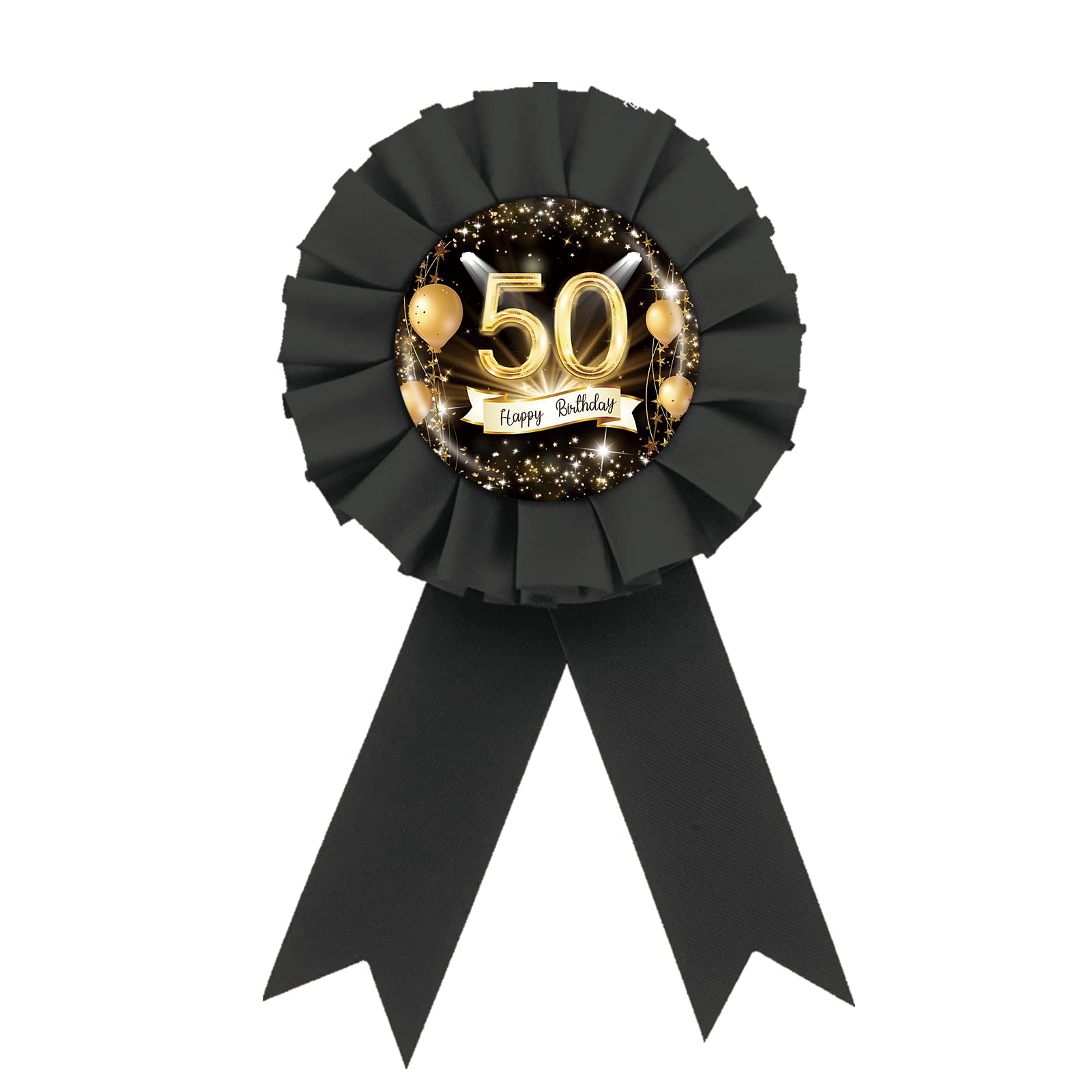 Black Happy 50th Birthday Tinplate Badge Pin, Black Rosette Birthday Button for Men Women, Golden Balloon 50th Birthday Award Badge Pin, Fifty Years Old Birthday Party Decorations