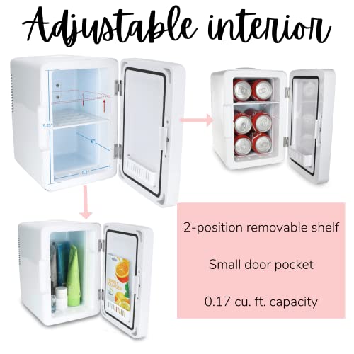 BERLIN GEAR Hot or Cold Mini Fridge for Office β 6 Liter Portable Mini Fridge for Makeup, Skincare, Snacks, & More β Mini Mini Fridge for Bedroom or Vanity with Lighted Glass Surface, White