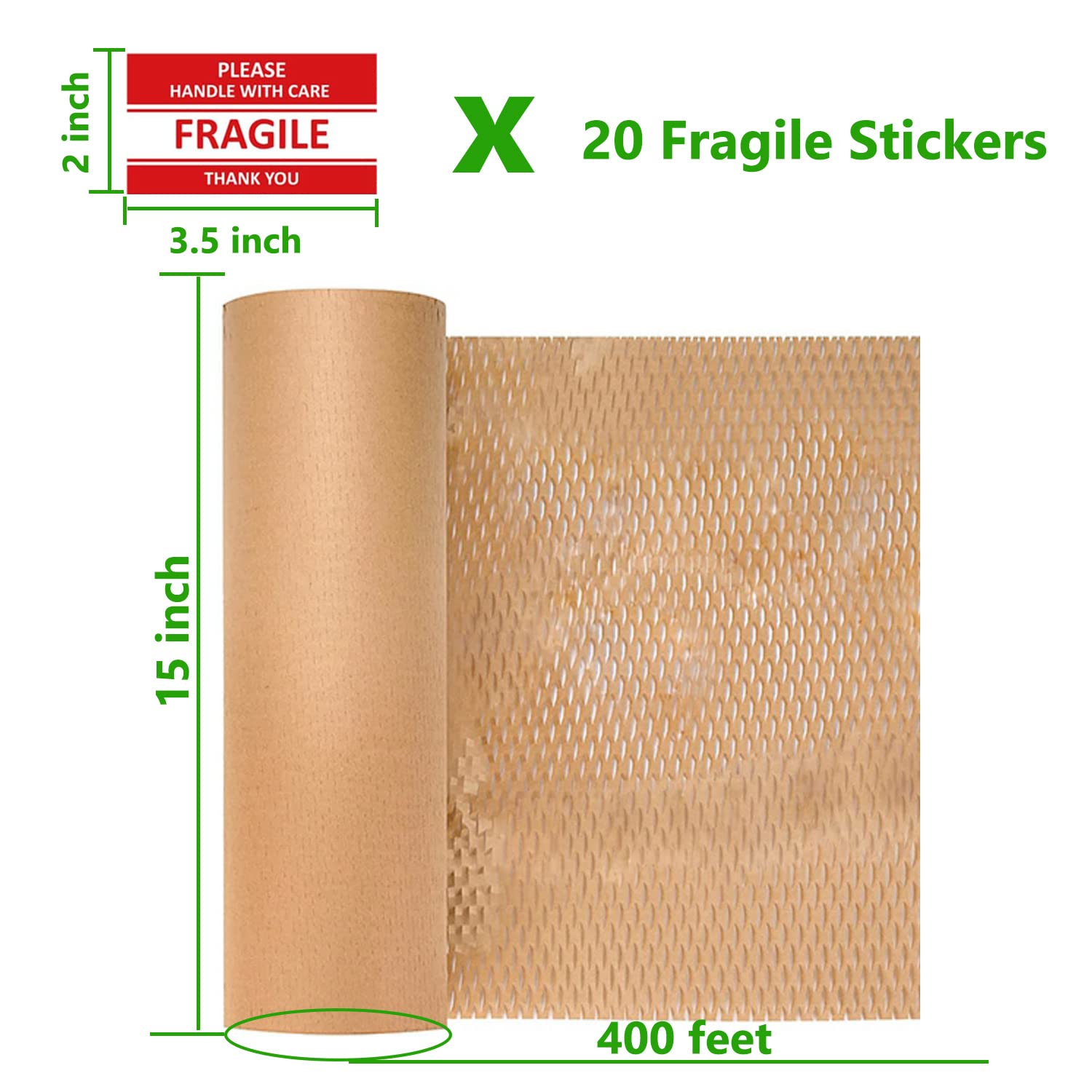 Besitek Honeycomb Packing Paper Wrap 15" x200' Sustainable Alternative to Bubble Cushioning Wrap for Moving/shipping/packing Roll with 20 Fragile Sticker Biodegradable & Fully Recylable