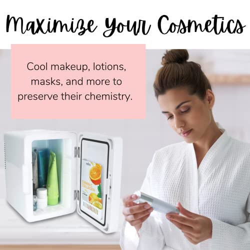 BERLIN GEAR Hot or Cold Mini Fridge for Office β 6 Liter Portable Mini Fridge for Makeup, Skincare, Snacks, & More β Mini Mini Fridge for Bedroom or Vanity with Lighted Glass Surface, White