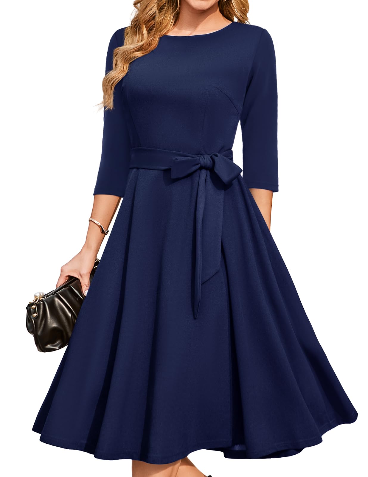 DRESSTELLS Vintage Formal Dress for Women, Wedding Guest Dresses Knee Length, 3/4 Sleeve Fit and Flare, Cocktail Casual Party Church Prom Evening, 2025 Spring, Navy L
