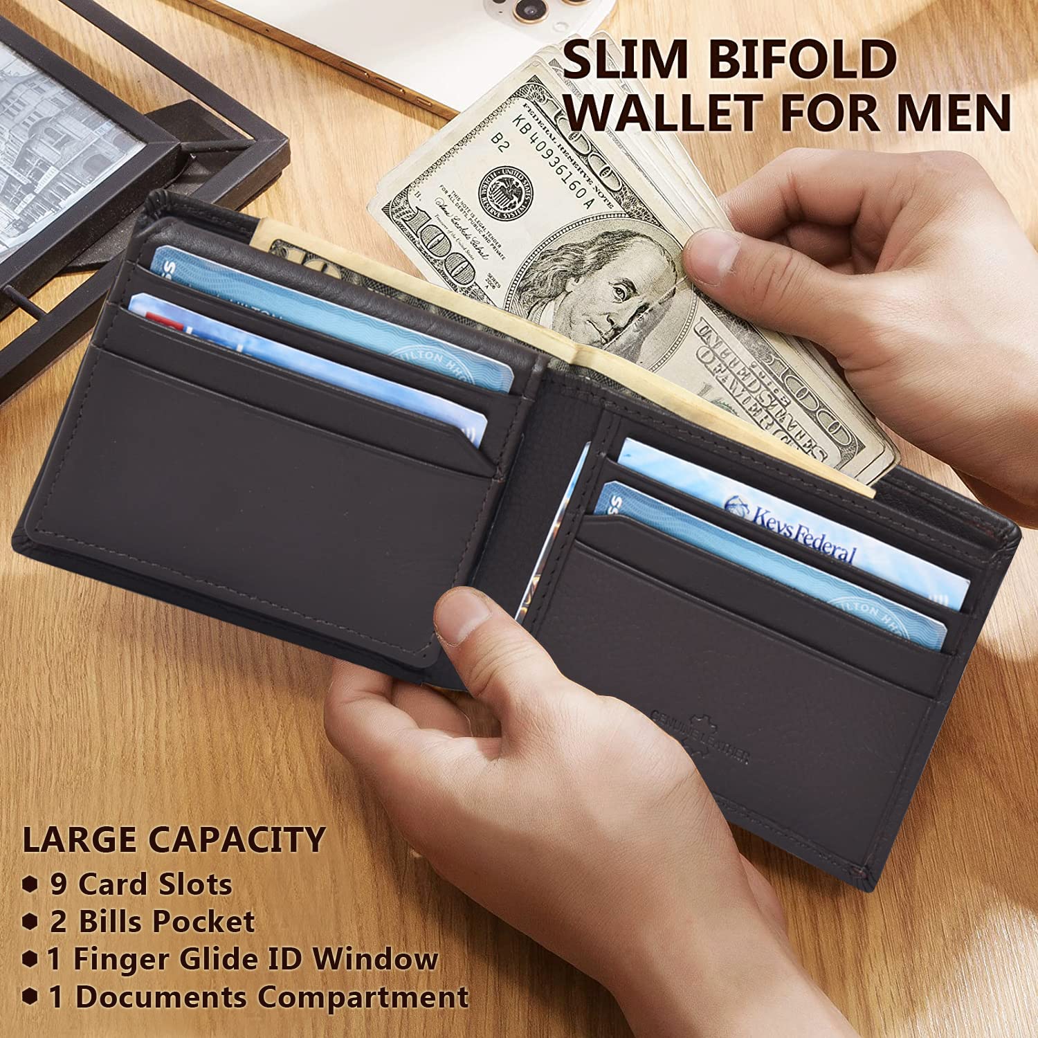 Mens Leather Wallet Rfid Blocking Slim Bifold Front Pocket Flip ID Window With 12 Slots | Real Chrome Free Leather | Multiple Card Holder | Compact Premium Best Handmade Gift (Chocolate Brown)