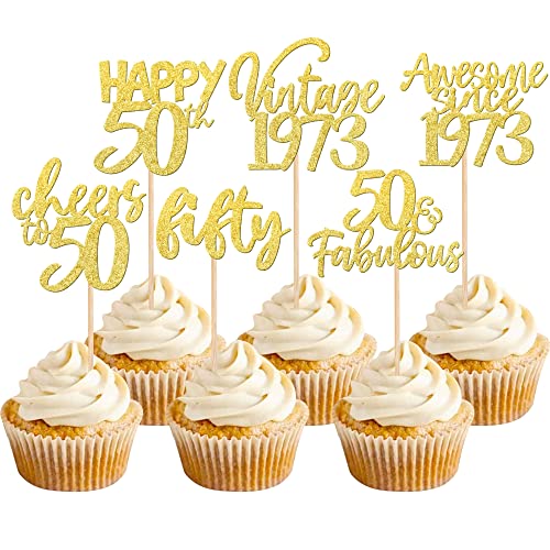 36PCS Happy 50th Birthday Cupcake Toppers Glitter Fifty Vintage 1973 Cupcake Picks Awesome Since 1973 Cheers to 50 Fabulous Cake Decorations for 50th Birthday Anniversary Party Supplies Gold