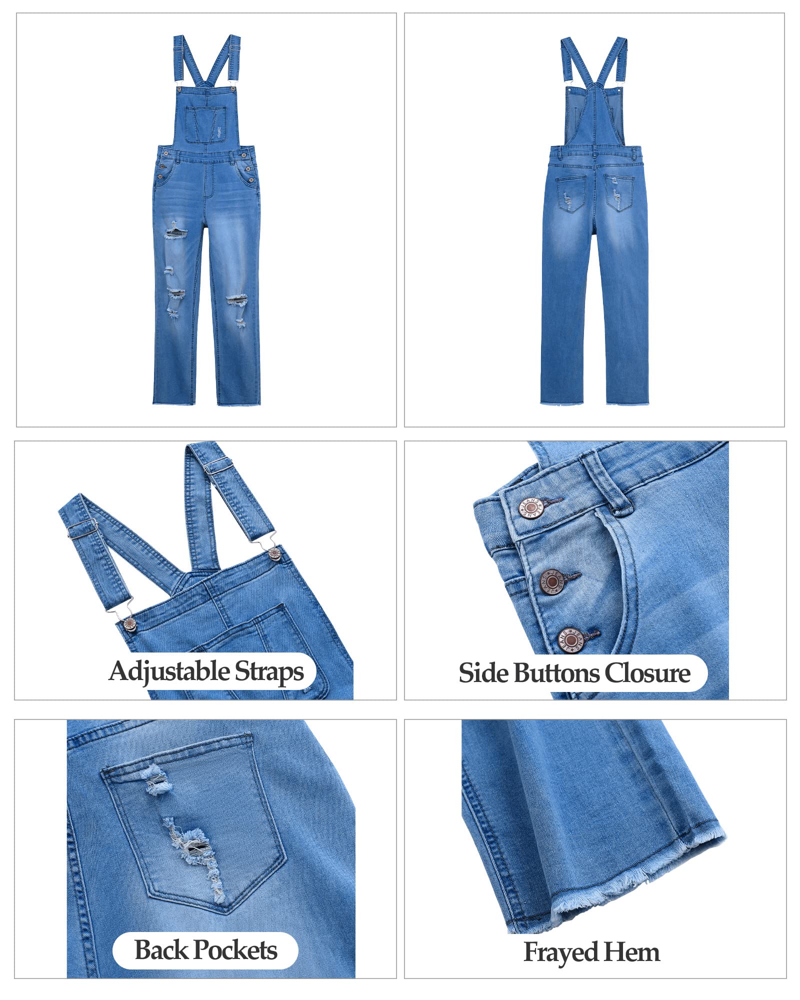 luvamia Women's Casual Distressed Adjustable Denim Bib Overalls Jeans Pants Jumpsuits Blue Size X-Large