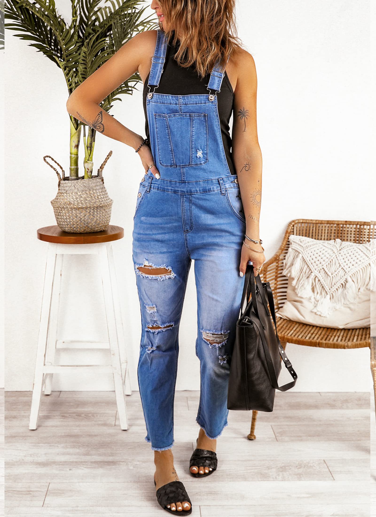 luvamia Women's Casual Distressed Adjustable Denim Bib Overalls Jeans Pants Jumpsuits Blue Size X-Large