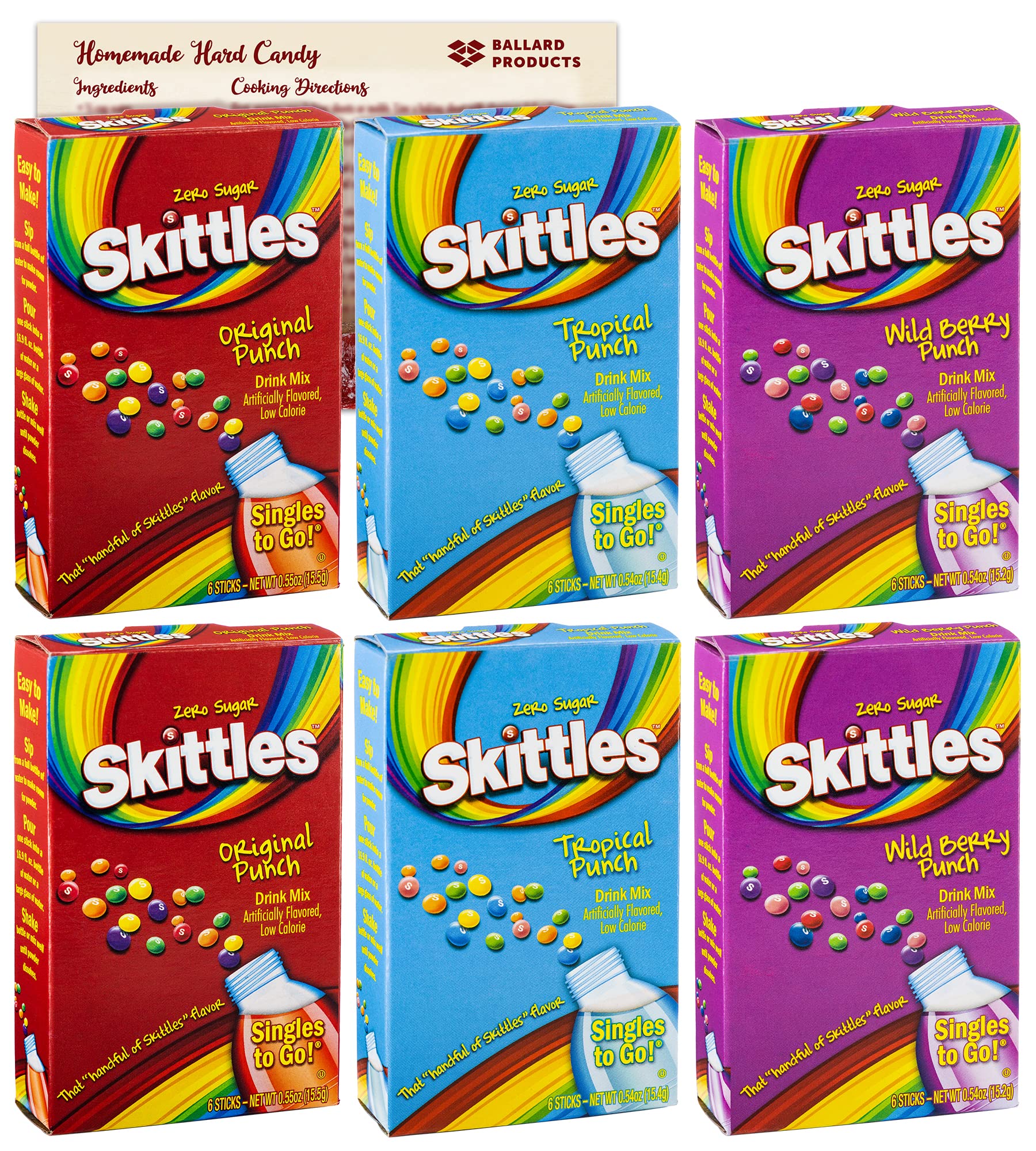 Skittles Singles To Go - Variety Pack of 6 - Candy Flavoring Water Enhancer – 3 Flavors of Skittles Drink Mix - Bundle with Ballard Products Recipe card