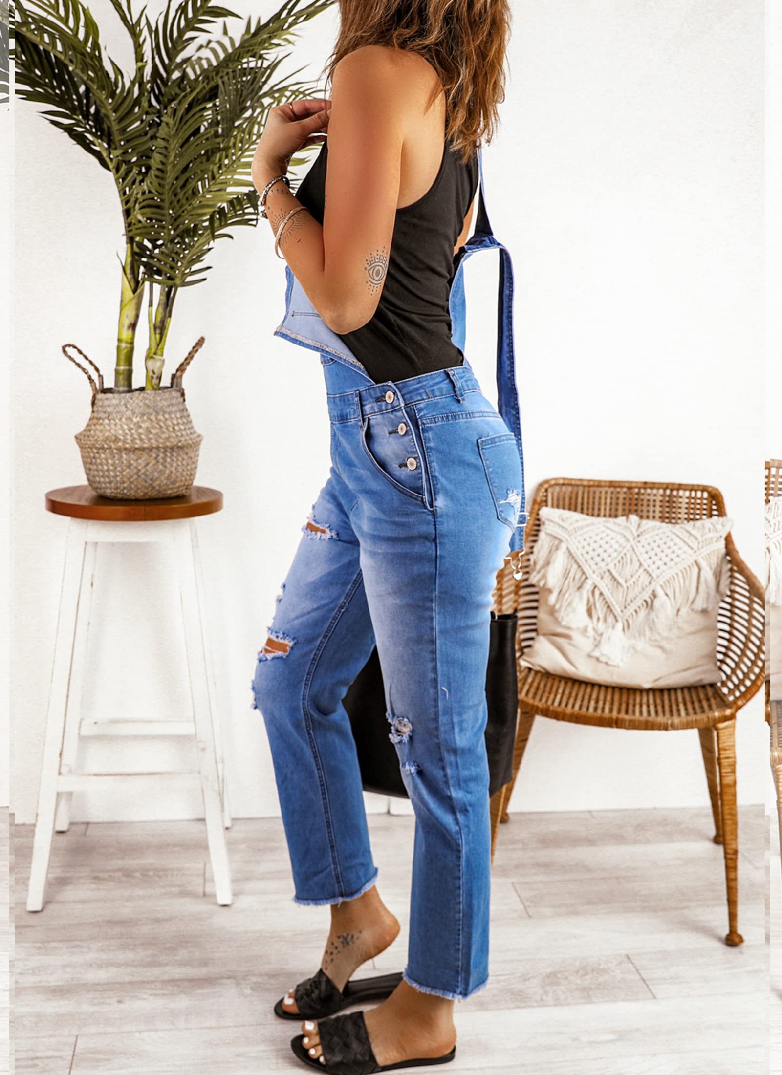 luvamia Women's Casual Distressed Adjustable Denim Bib Overalls Jeans Pants Jumpsuits Blue Size X-Large