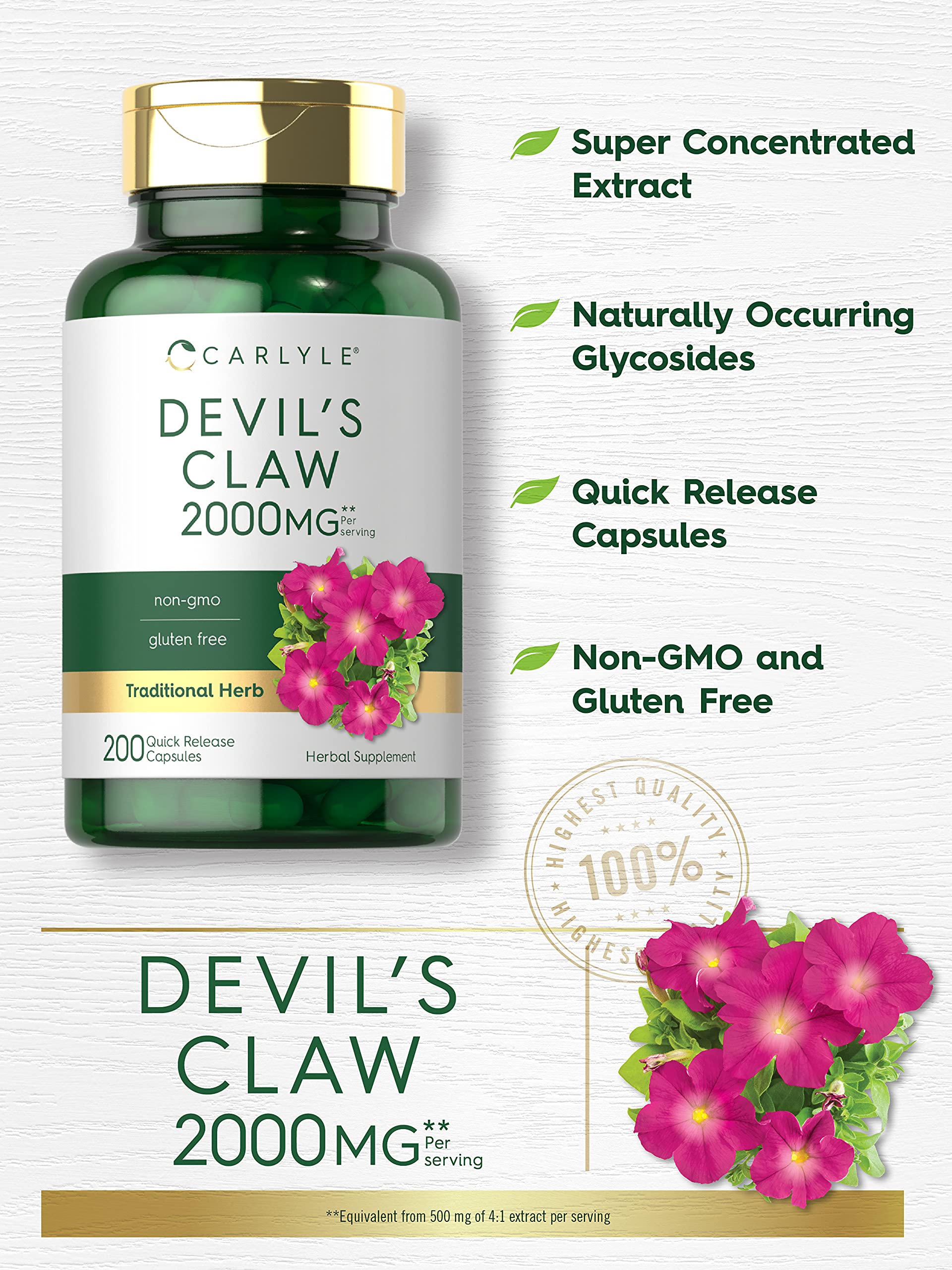 Carlyle Devils Claw 2000 mg | 200 Capsules | Concentrated Root Extract | Devils Claw Herbal Supplement | Non-GMO, Gluten Free Supplement