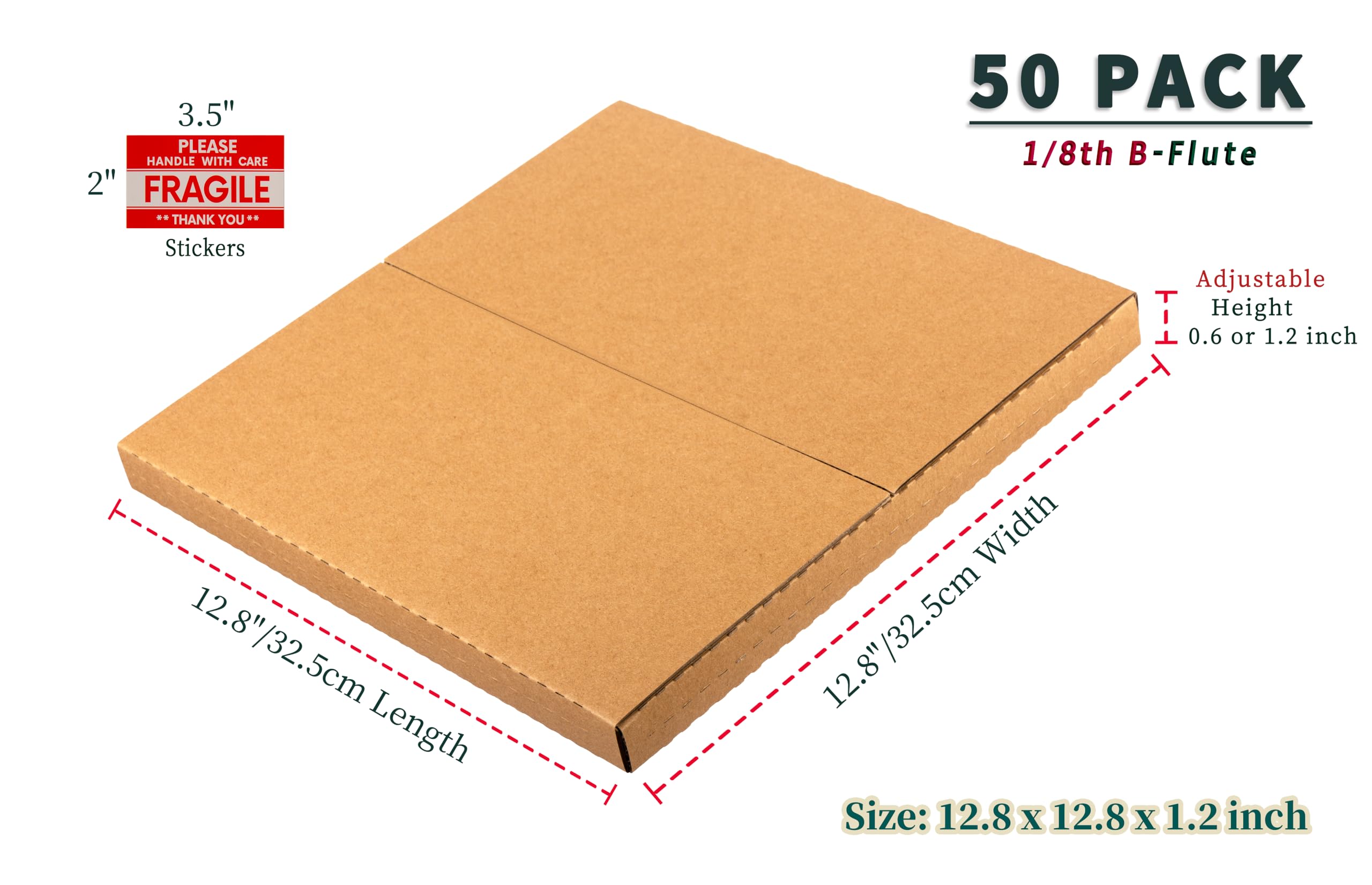 YUSHYIJIE 50 Pack LP Mailers, 12.8"L x 12.8"W x 1"H Kraft Vinyl Record Shipping Boxes for Mailing, Packing, Moving, Storage, Corrugated Album Box with Fragile Stickers
