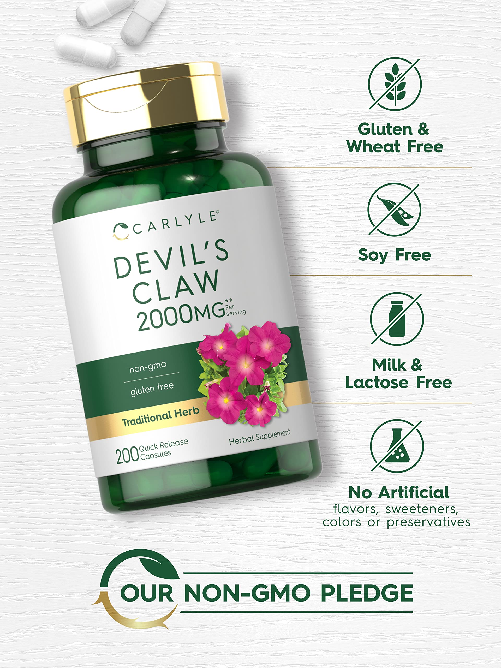 Carlyle Devils Claw 2000 mg | 200 Capsules | Concentrated Root Extract | Devils Claw Herbal Supplement | Non-GMO, Gluten Free Supplement