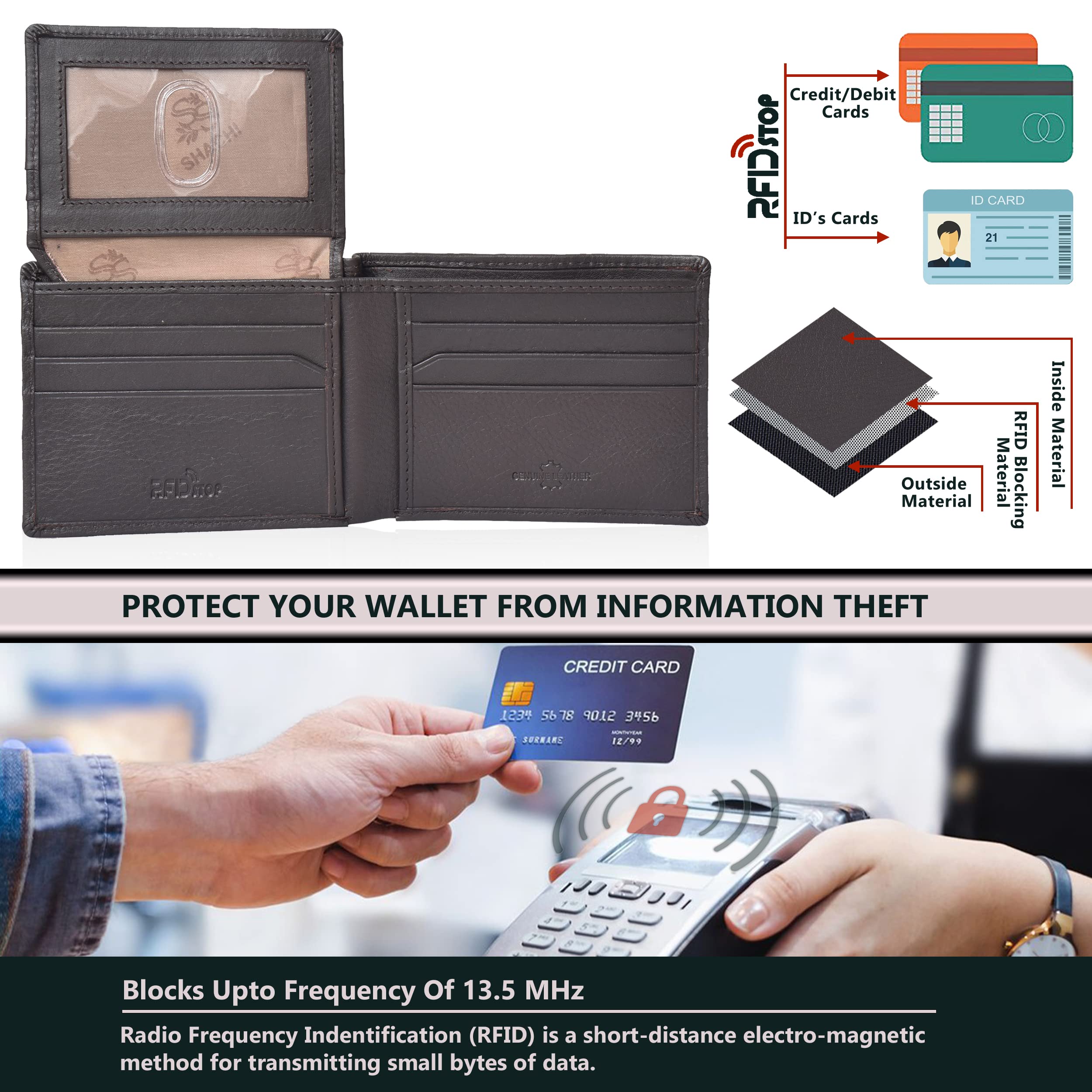 Mens Leather Wallet Rfid Blocking Slim Bifold Front Pocket Flip ID Window With 12 Slots | Real Chrome Free Leather | Multiple Card Holder | Compact Premium Best Handmade Gift (Chocolate Brown)