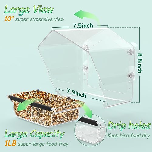 Ermete Window Bird Feeder with Strong Suction Cups, Large View Clear Bird Feeder Window, Adjustable Size Bird Window Feeder with Bird Seed Tray, Rain Proof Window Bird Feeders for Outside (S2)