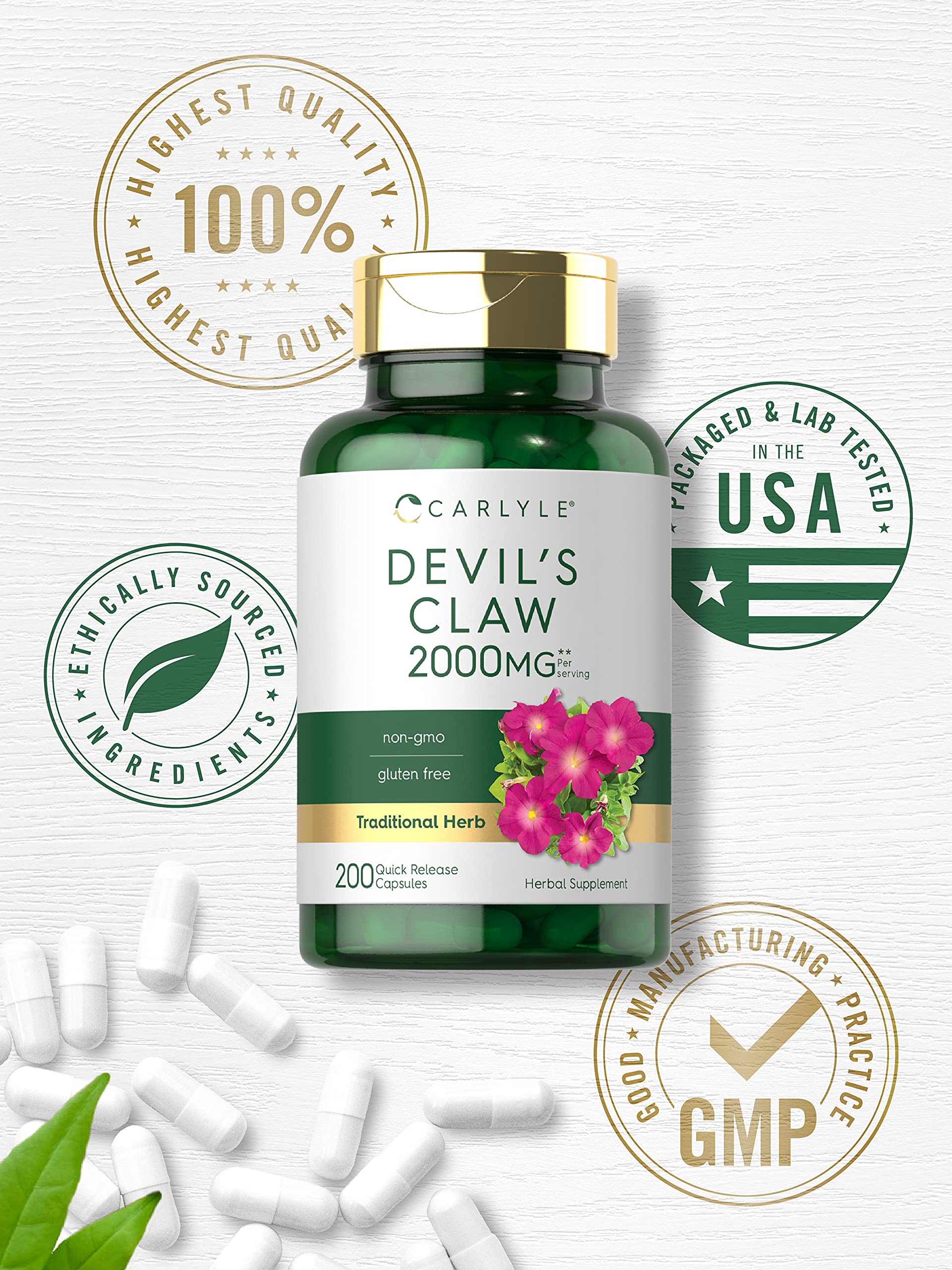 Carlyle Devils Claw 2000 mg | 200 Capsules | Concentrated Root Extract | Devils Claw Herbal Supplement | Non-GMO, Gluten Free Supplement