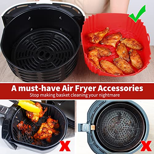 MaMix Silicone Air Fryer Liners 2 pack,8 inch Reusable Air Fryer Pot for 4 to 7 QT Air Fryer Inserts for Oven Microwave Accessories (Red+Grey)