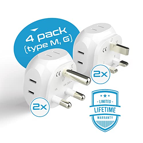 Ceptics South Africa Travel Plug Adapter Set - 4 Input - Ultra Compact - Light Weight - Type M and Type G - USA to Any Type M Countries Such as Botswana, Namibia - 4 Pack (PT-7-10L-4PK),White