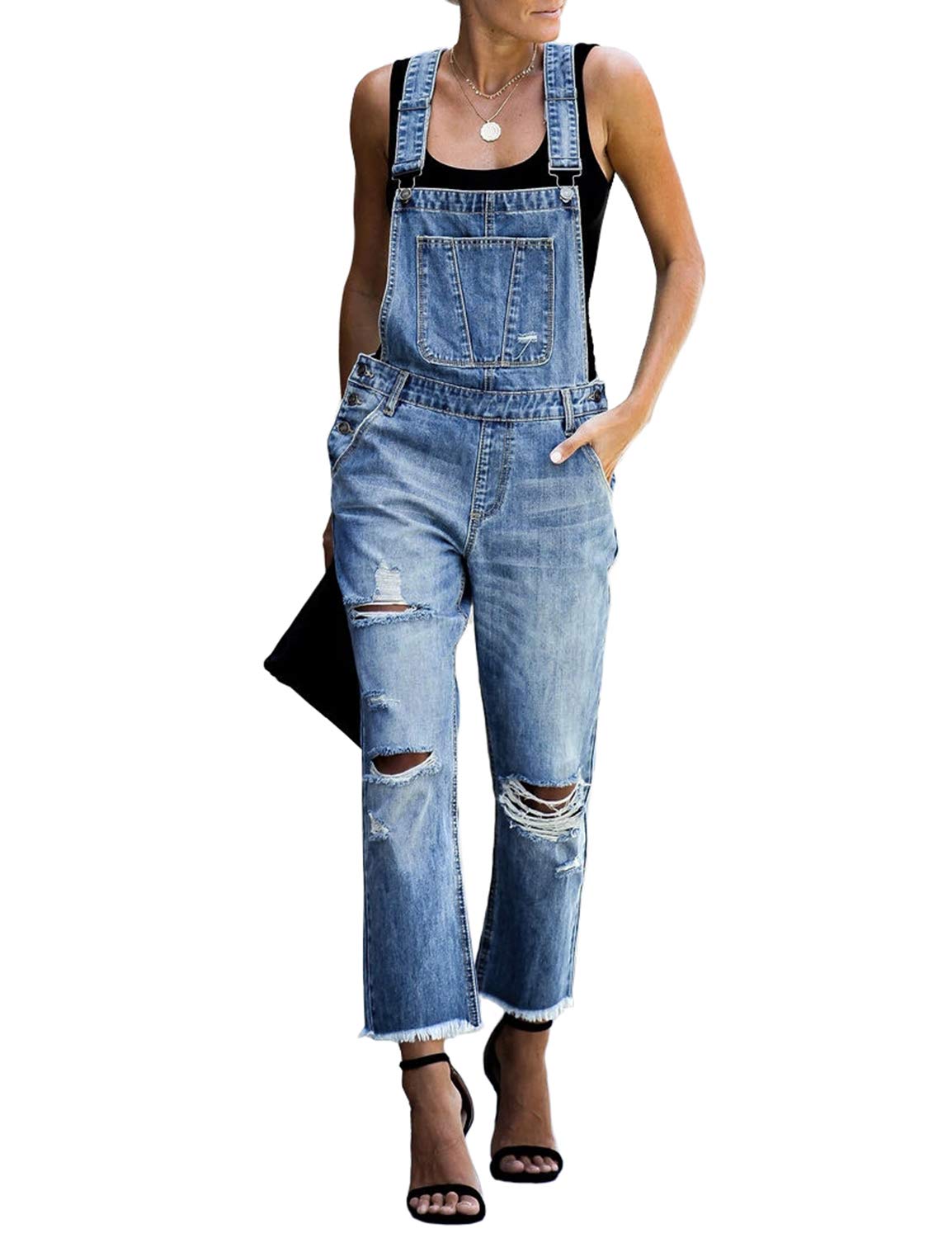 luvamia Women's Casual Distressed Adjustable Denim Bib Overalls Jeans Pants Jumpsuits Blue Size X-Large