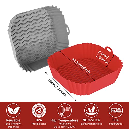 MaMix Silicone Air Fryer Liners 2 pack,8 inch Reusable Air Fryer Pot for 4 to 7 QT Air Fryer Inserts for Oven Microwave Accessories (Red+Grey)