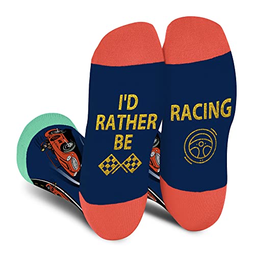 Funny Racing Socks for Men Teen Boys - I’d Rather Be Racing Socks Fun Novelty Cool Crazy Funky Crew Race Socks - Valentines Day Racing Gifts for Speed Racer Lovers Christmas Stocking Stuffers