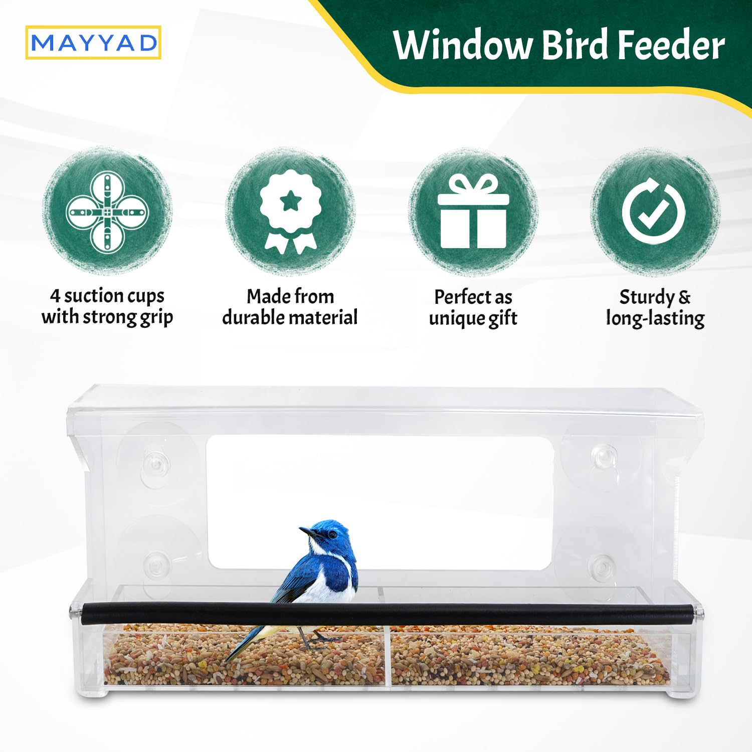 MAYYAD Large Window Bird Feeders for Viewing β Four Strong Suction Cup Bird Feeder Window for Outside - Drainage Holes, Detachable Large Seed Tray, and Rubber Perch for Wild Birds