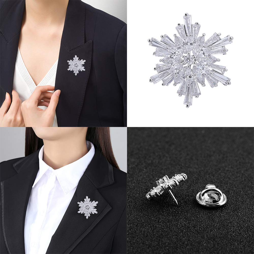 OKA Clear Austrian Crystal Winter Snowflake Brooch Pin, Elegant White Crystal Brooch Pins for Women