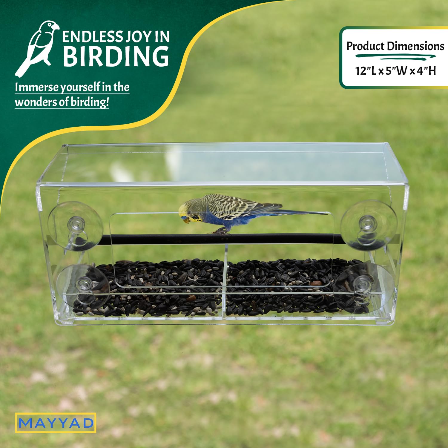 MAYYAD Large Window Bird Feeders for Viewing β Four Strong Suction Cup Bird Feeder Window for Outside - Drainage Holes, Detachable Large Seed Tray, and Rubber Perch for Wild Birds