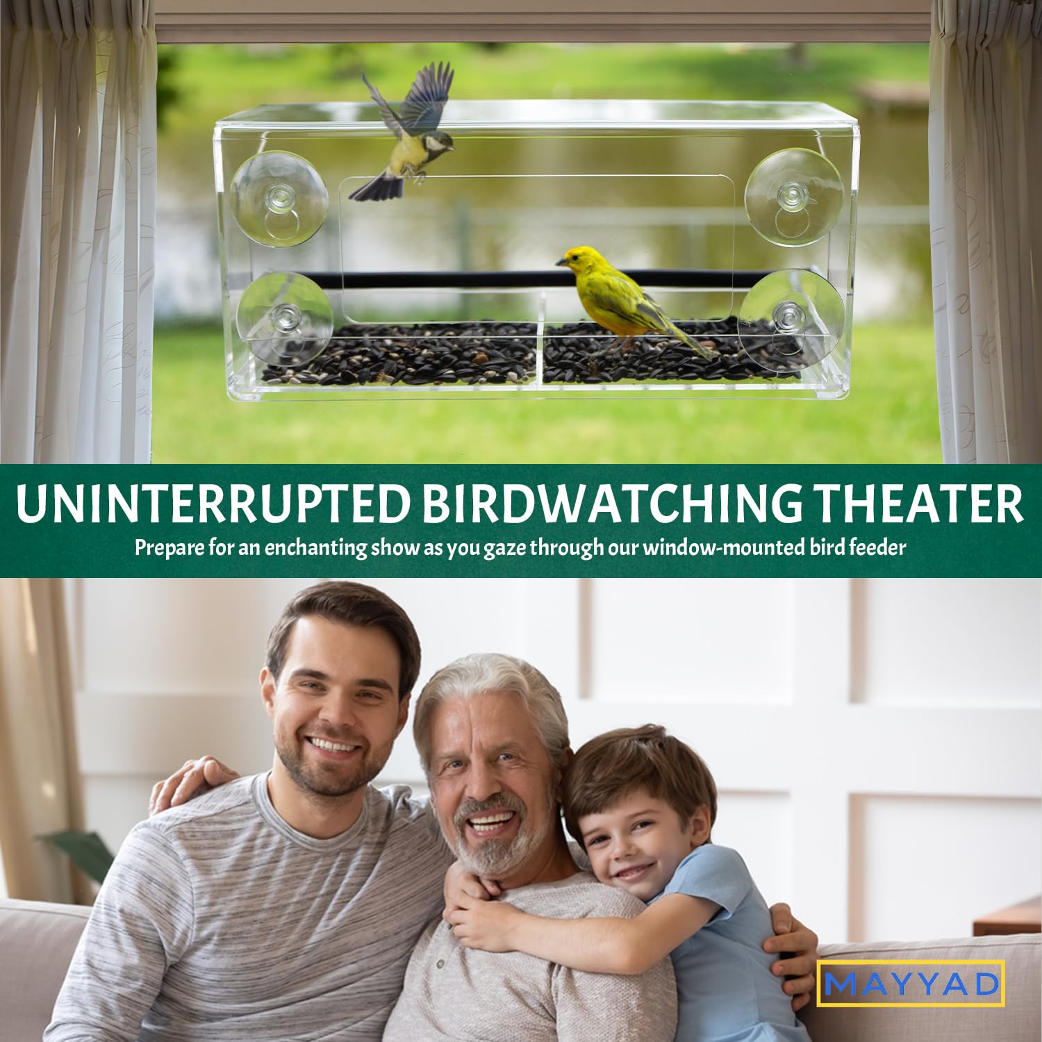 MAYYAD Large Window Bird Feeders for Viewing β Four Strong Suction Cup Bird Feeder Window for Outside - Drainage Holes, Detachable Large Seed Tray, and Rubber Perch for Wild Birds