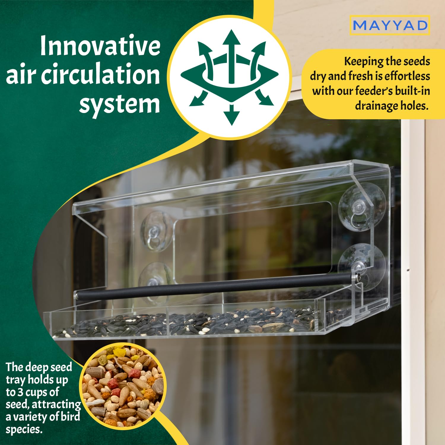 MAYYAD Large Window Bird Feeders for Viewing β Four Strong Suction Cup Bird Feeder Window for Outside - Drainage Holes, Detachable Large Seed Tray, and Rubber Perch for Wild Birds