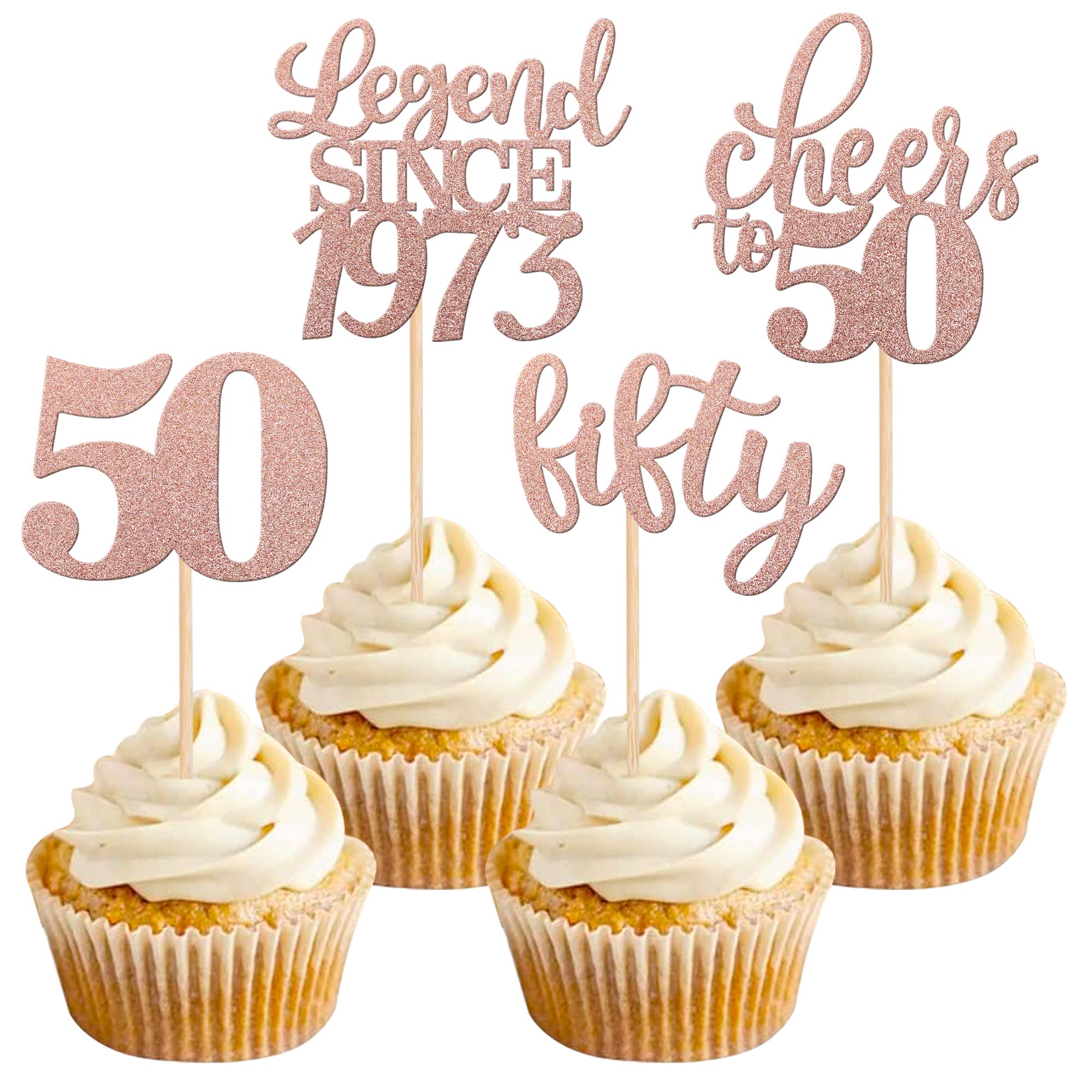 24 PCS Legend Since 1973 Cupcake Toppers Glitter Fifty Cheers to 50 Happy 50th Birthday Cupcake Picks for 50th Birthday Wedding Anniversary Party Cake Decorations Supplies Rose Gold