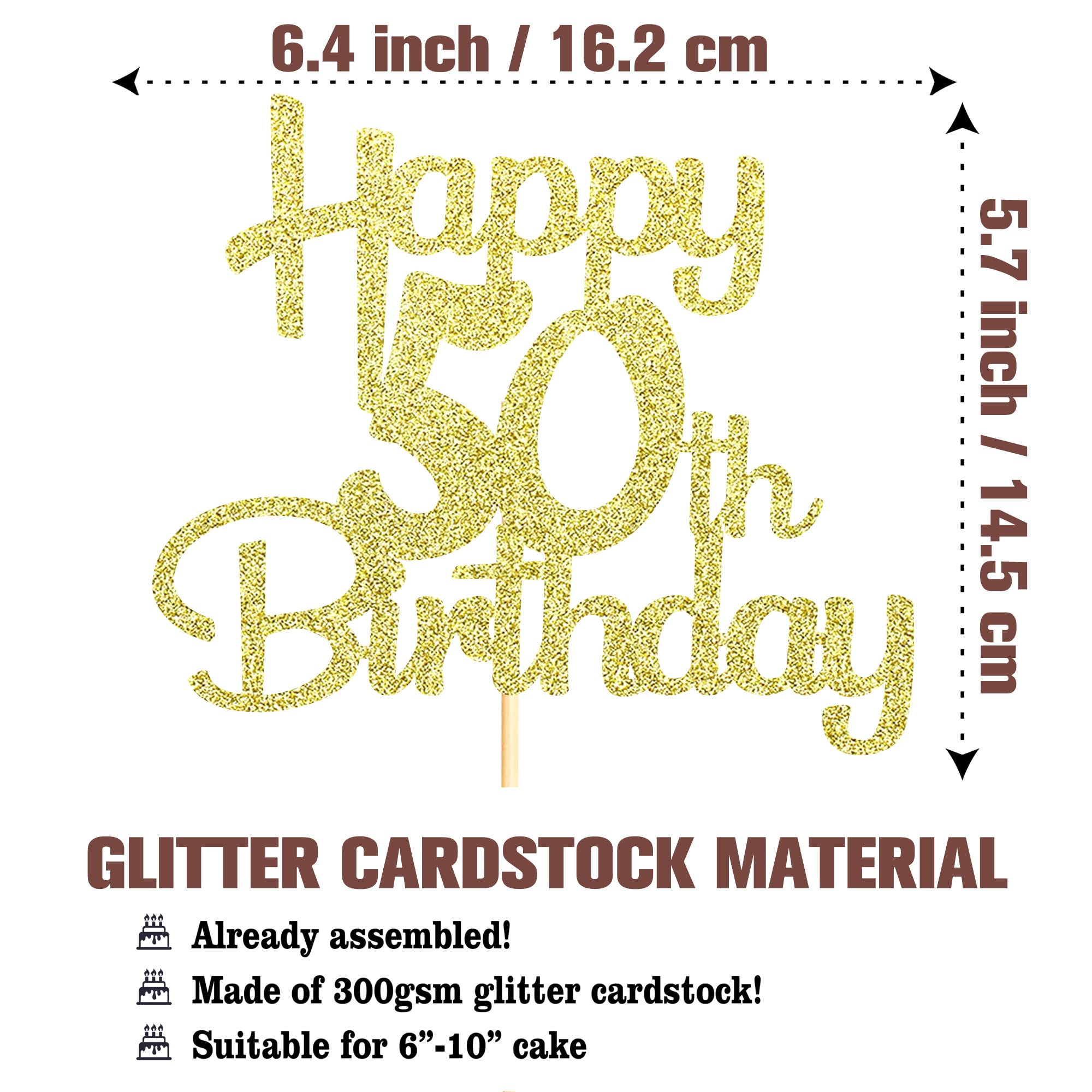 Sotpot Happy 50th Birthday Cake Topper Gold Glitter 50th Cake Toppers 50 Birthday Cake Decorations Cheers to 50 Fabulous Party Cake Picks - 1 Pack