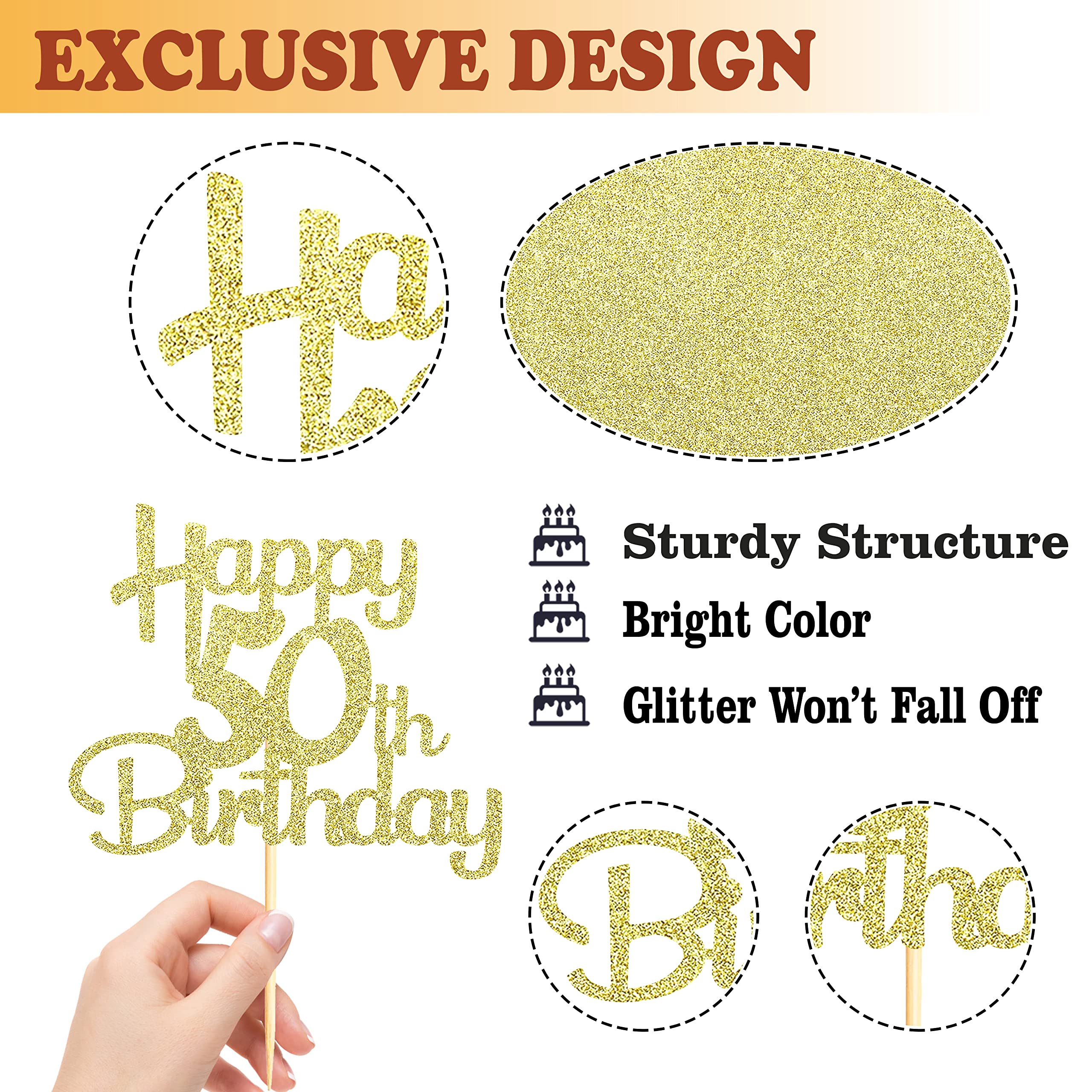 Sotpot Happy 50th Birthday Cake Topper Gold Glitter 50th Cake Toppers 50 Birthday Cake Decorations Cheers to 50 Fabulous Party Cake Picks - 1 Pack
