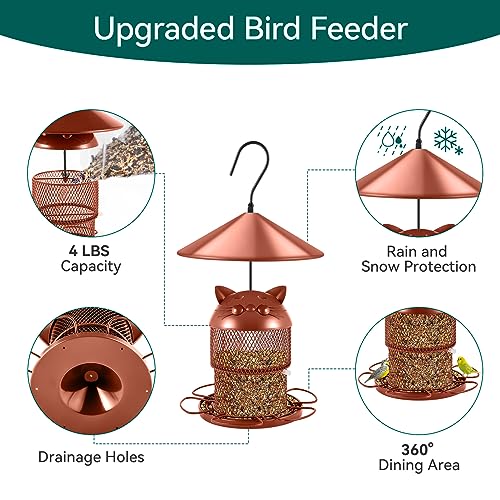 CEED4U Bird Feeder for Outdoors 4LB Seeds Retractable Large Wild Bird Feeders with Hook and Cover Metal Hanging Bird Feeders Garden Yard for Outside Cute Cat Shaped Brown