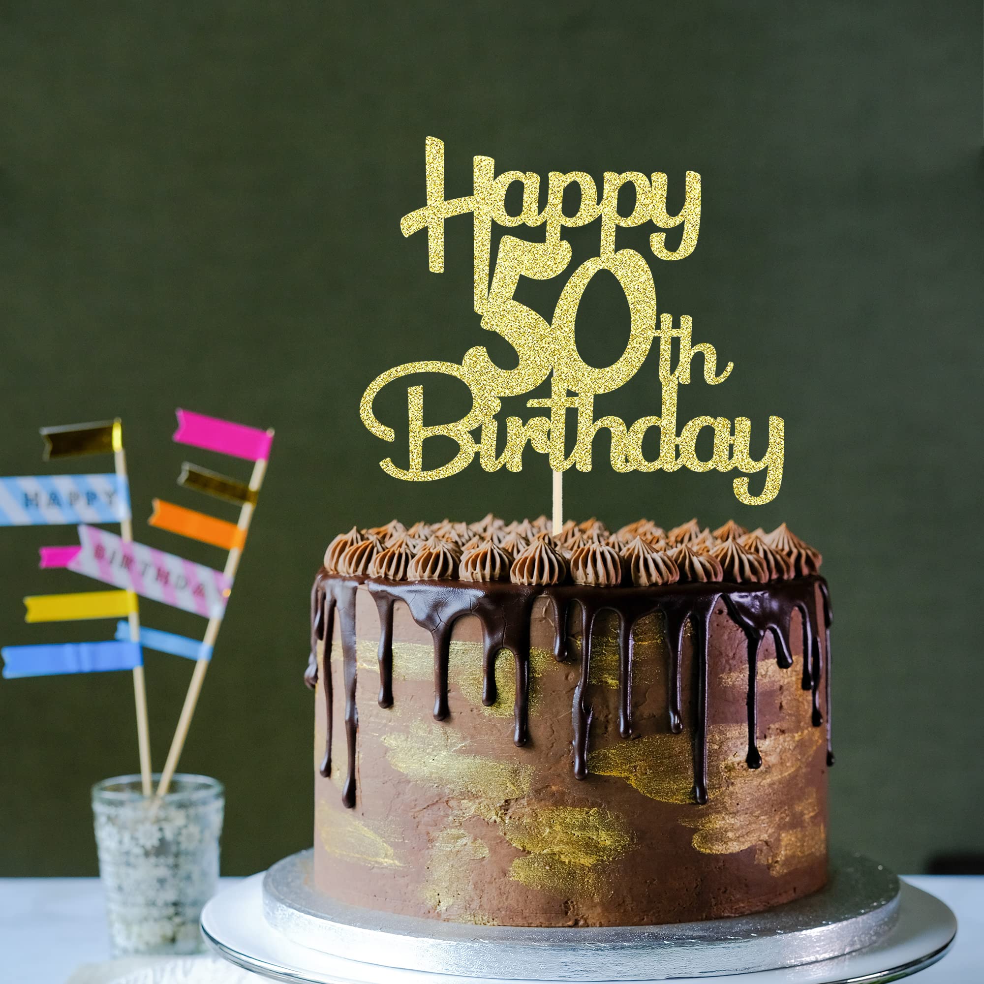 Sotpot Happy 50th Birthday Cake Topper Gold Glitter 50th Cake Toppers 50 Birthday Cake Decorations Cheers to 50 Fabulous Party Cake Picks - 1 Pack